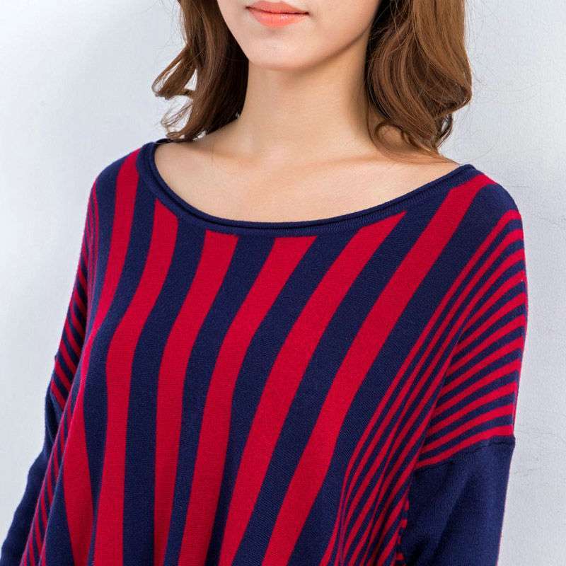 【普派(PUPAI)系列】普派 间色竖条纹套头蝙蝠毛衣 NFBA12B6 蓝红条 均码图片,高清实拍图—苏宁易购